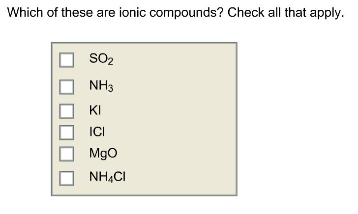 Solved Which of these are ionic compounds? Check all that | Chegg.com
