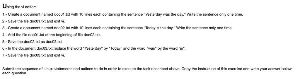 Solved Using the vi editor: 1.- Create a document named | Chegg.com