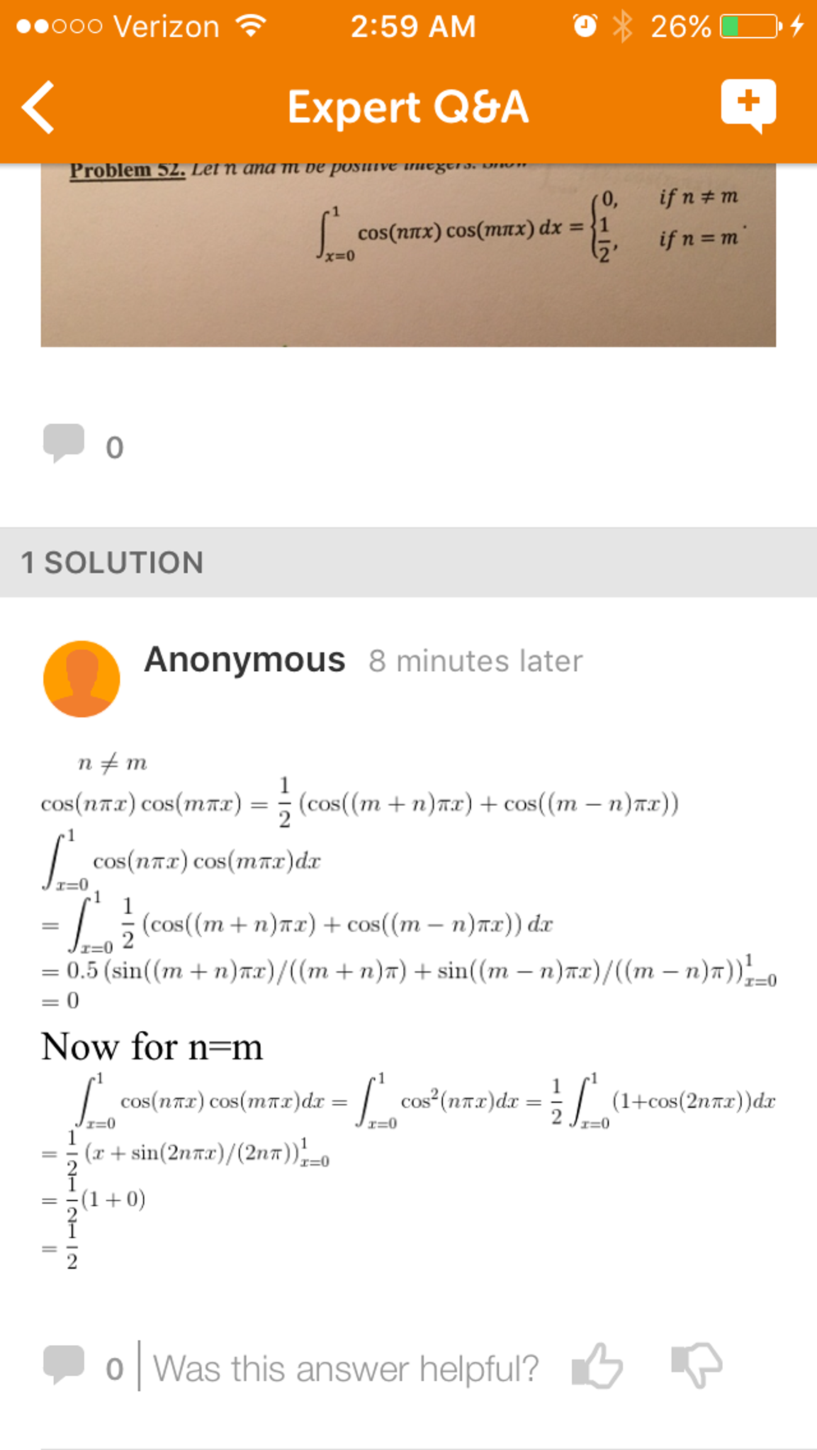 Solved n m cos(n pi x) cos(m pi x) = 1/2 (cos((m + n)pi x) | Chegg.com