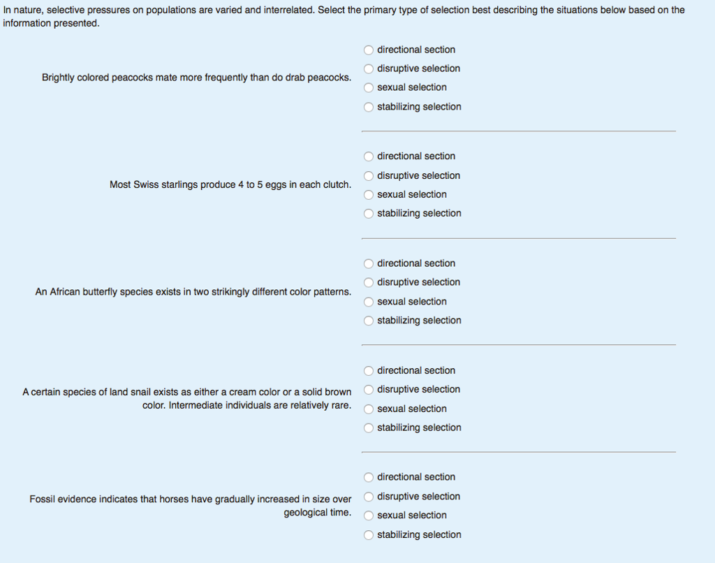 Solved In nature, selective pressures on populations are | Chegg.com