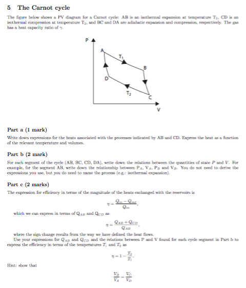 Solved 5 The Carnot cycle The figure below shows a PV | Chegg.com