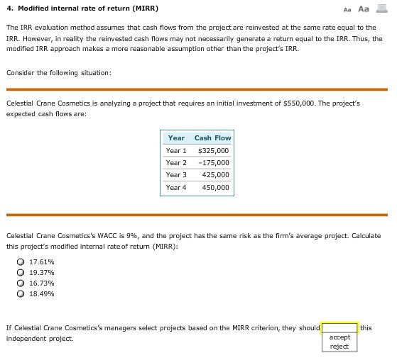 Solved 4. Modified internal rate of return (MIRR) Aa Aa The | Chegg.com