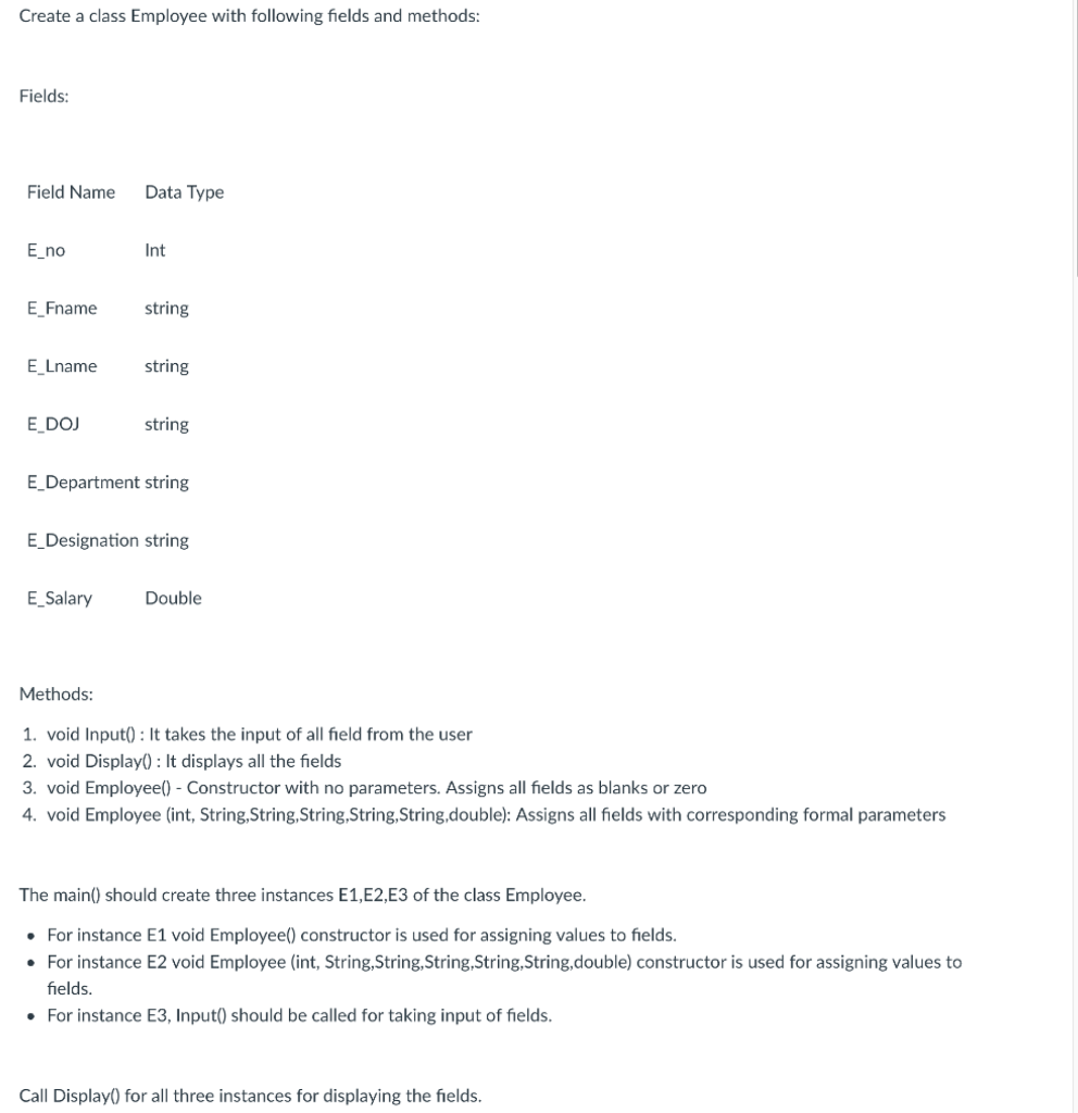 Solved Create a class Employee with following fields and | Chegg.com
