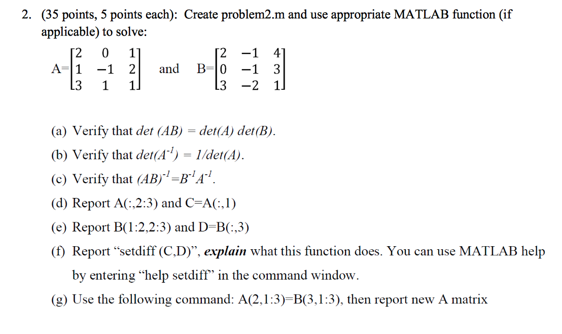 Solved Create problem2.m and use appropriate MATLAB function | Chegg.com
