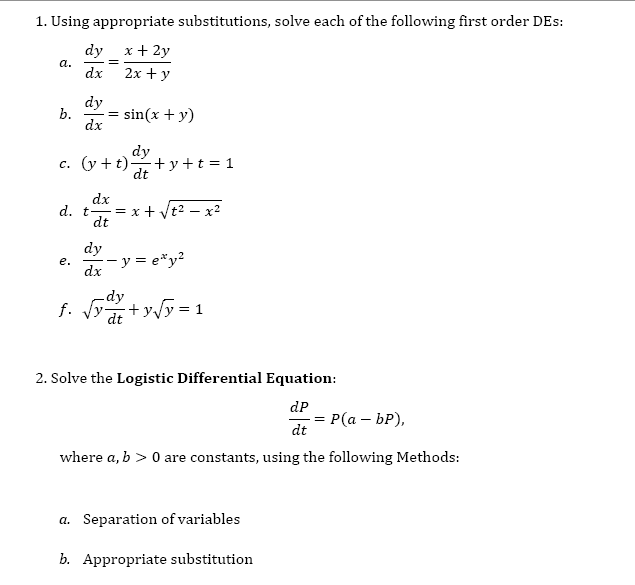 Solved 1. Using appropriate substitutions, solve each of the | Chegg.com
