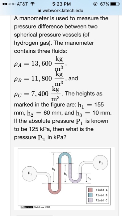 Solved A manometer is used to measure the pressure | Chegg.com