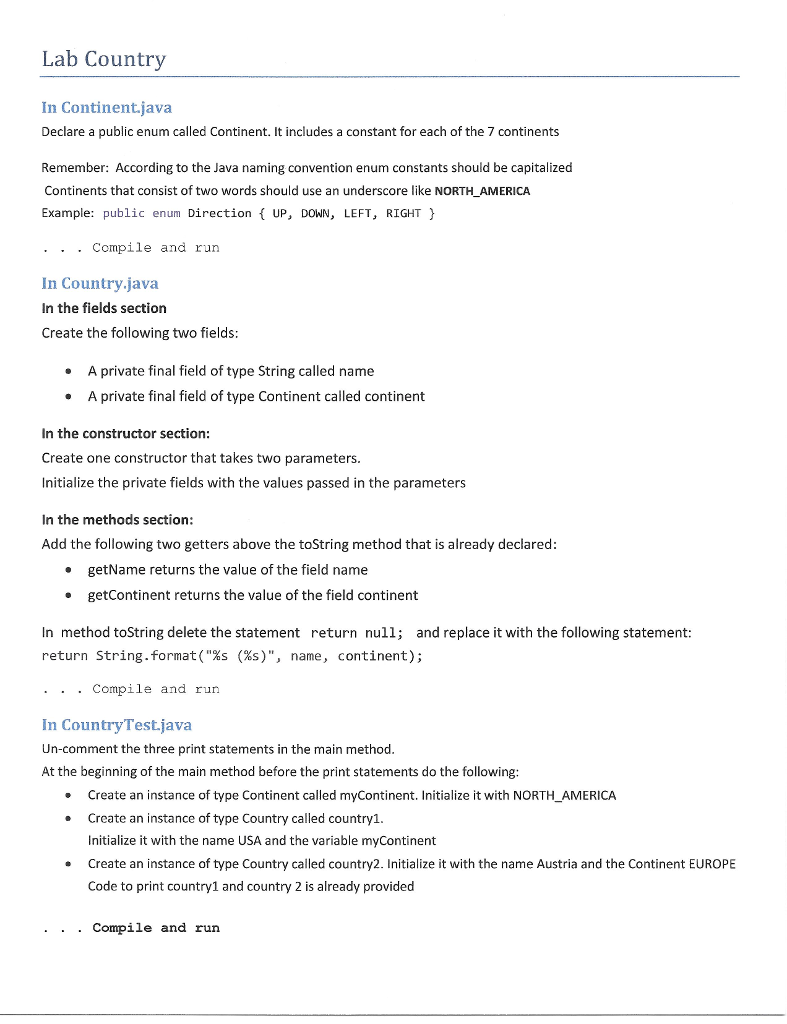 Solved Lab Country In Continent.java Declare a public enum | Chegg.com