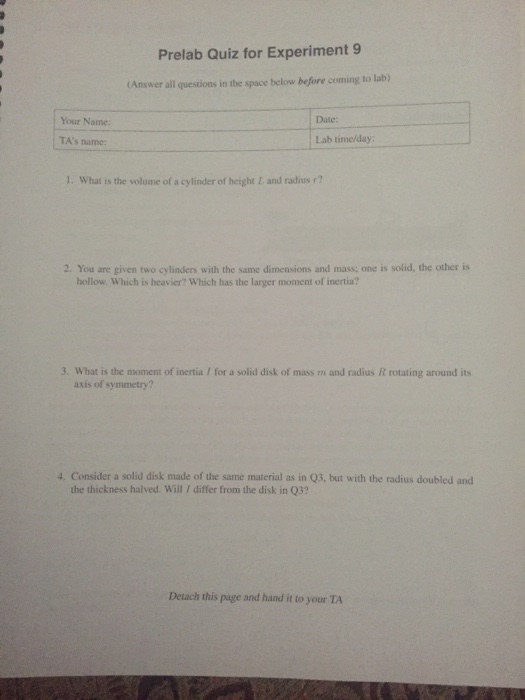 Solved Prelab Quiz for Experiment 9 Answer all questions in | Chegg.com