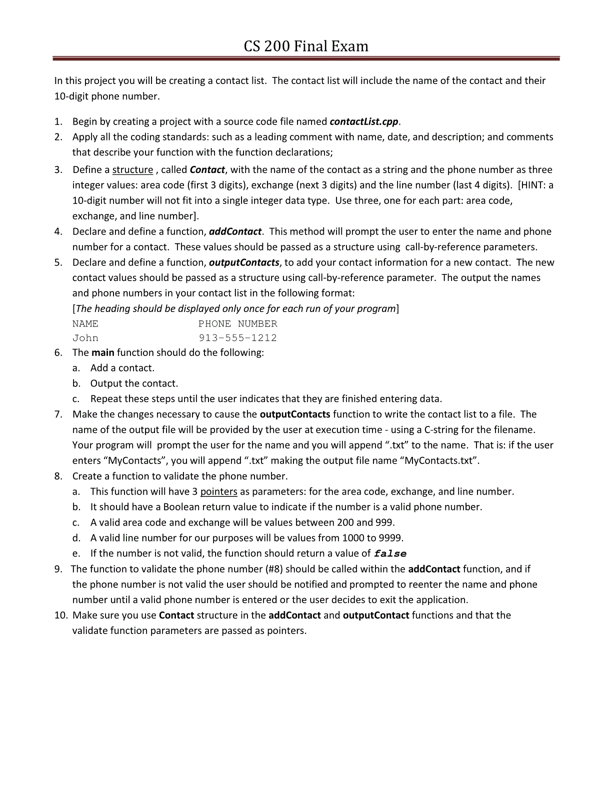 Solved In this project you will be creating a contact list. | Chegg.com