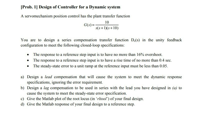 Solved [Prob. Design of Controller for a Dynamic system A | Chegg.com