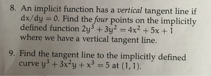 Solved An implicit function has a vertical tangent line if | Chegg.com