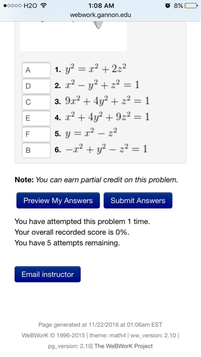 Solved (5 points) Match the equation with its graph labeled | Chegg.com