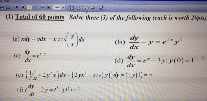 Solved Solve three (3) of the following. (a) xdy - ydx = x | Chegg.com