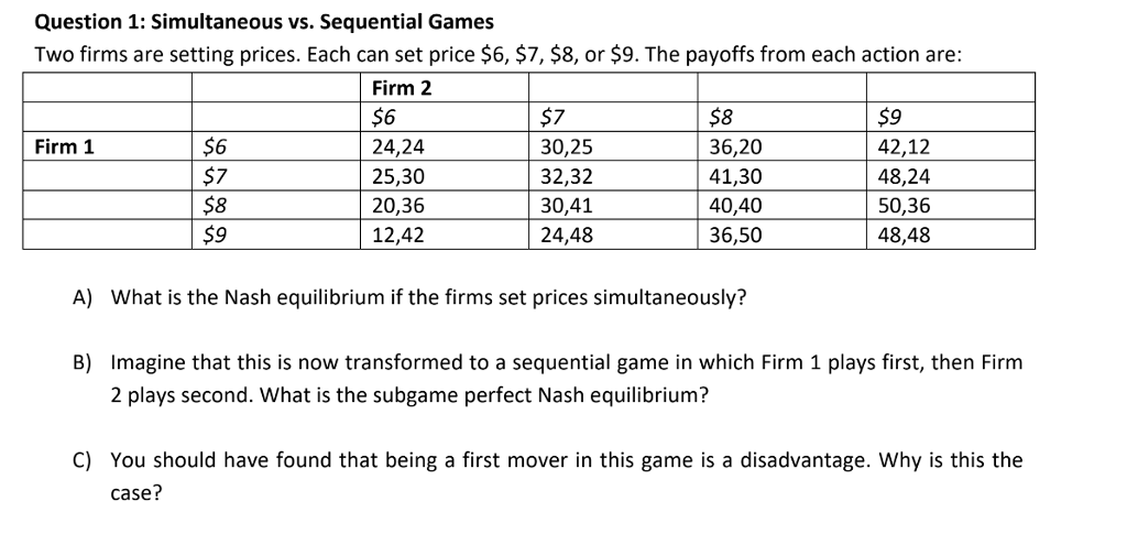 Solved Question 1 Simultaneous Vs Sequential Games Two 6938