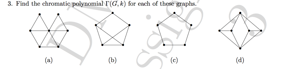 Solved 3. Find the chromatic polynomial T(G, k) for each of | Chegg.com