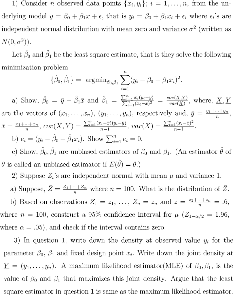 Solved 1) Consider n observed data points {i, yit; i-1,..., | Chegg.com