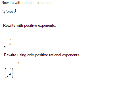 Solved Rewrite with rational exponents. (squareroot 6mn)^3 | Chegg.com
