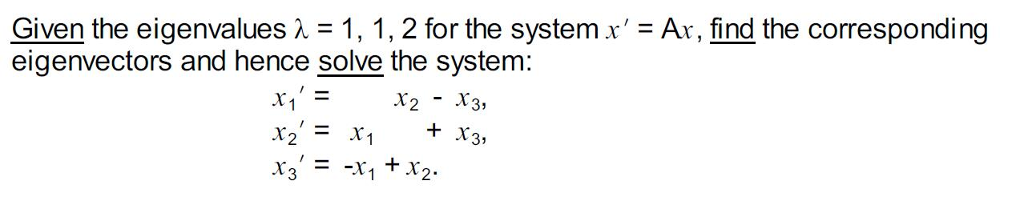 Solved Given the eigenvalues lambda = 1, 1, 2 for the system | Chegg.com