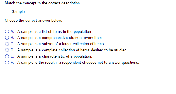 Solved Match the concept to the correct description. Sample | Chegg.com