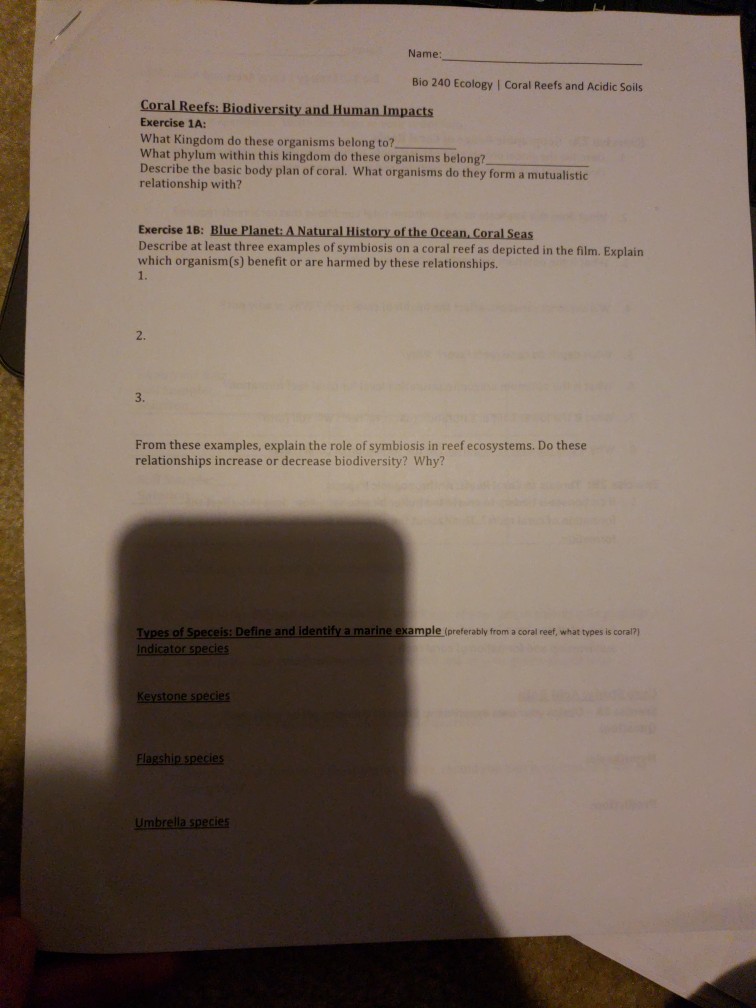 Solved Name Bio 240 Ecology | Coral Reefs and Acidic Soils | Chegg.com