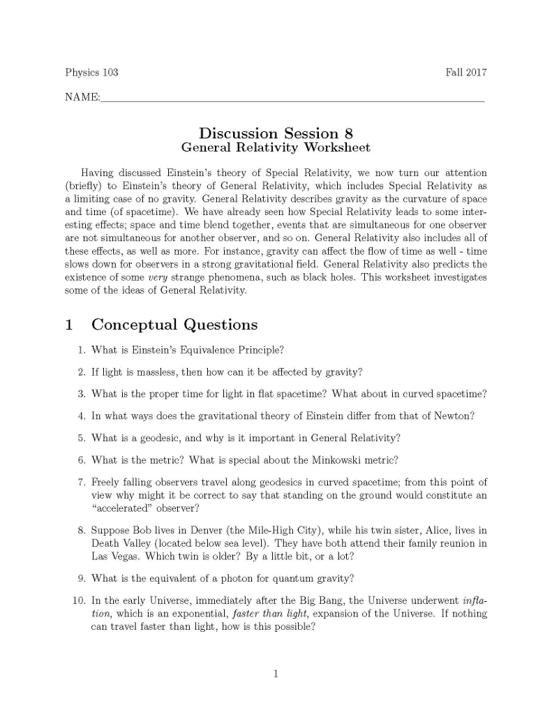 Solved Physics 103 Fall 2017 NAME: Discussion Session 8 | Chegg.com