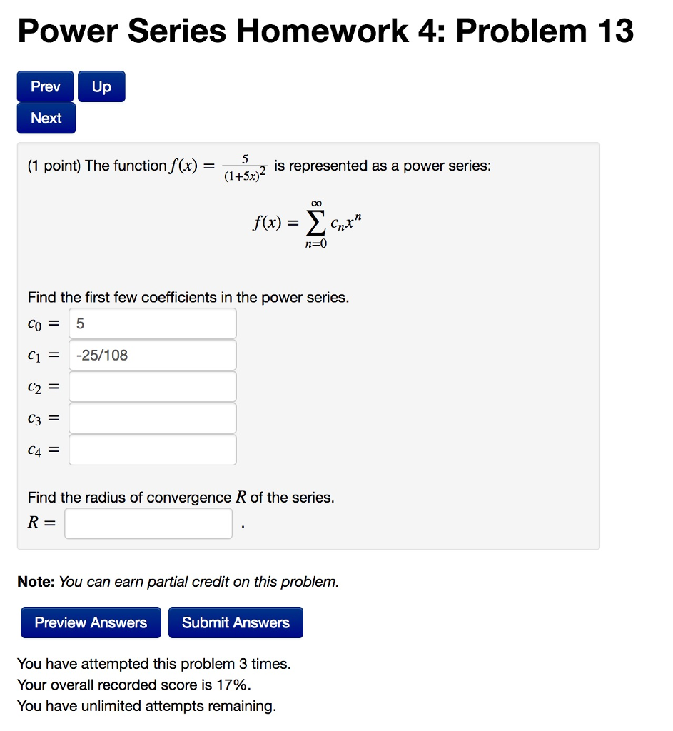 Solved Power Series Homework 4: Problem 13 Prev Up Next (1 | Chegg.com