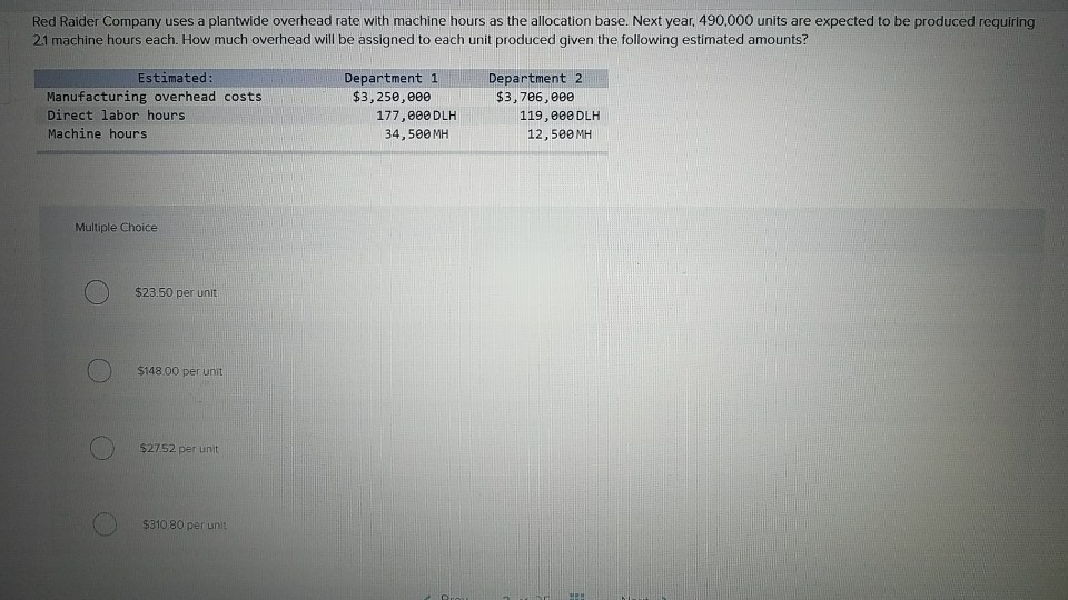 Solved Red Raider Company uses a plantwide overhead rate | Chegg.com
