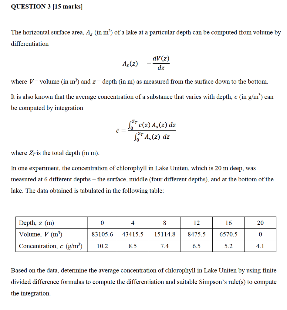 Solved The horizontal surface area. A_s (in m^2) of a lake | Chegg.com
