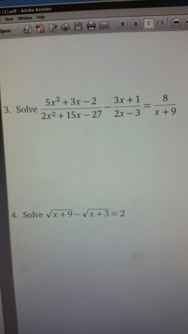 Solved df Adobe Reader 3. Solve 5x2+3r-2 3x+1 8 3. Solve 5x2 | Chegg.com