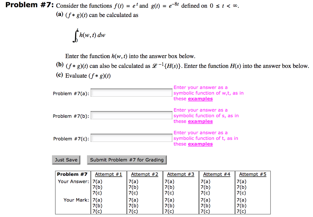 Solved Problem #7: Consider the functions f(t) = et and g(t) | Chegg.com