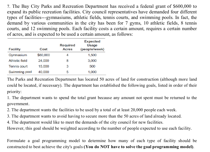 Solved 7. The Bay City Parks and Recreation Department has | Chegg.com