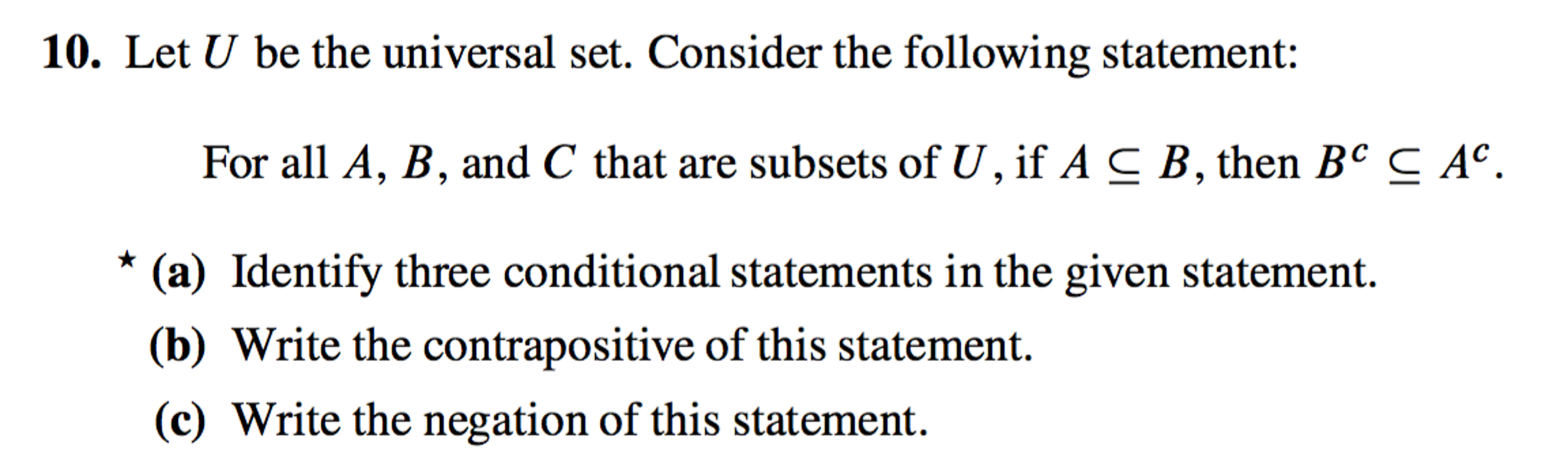 Solved Let U be the universal set. Consider the following | Chegg.com