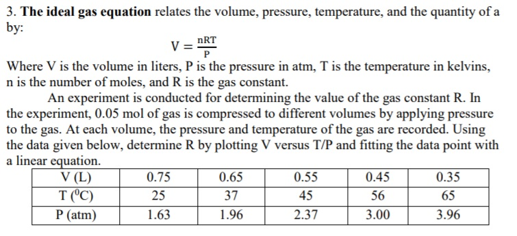 Solved 3. The ideal gas equation relates the volume, | Chegg.com