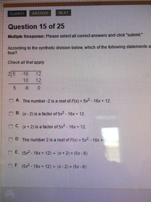 Solved According to the synthetic division below, which of | Chegg.com