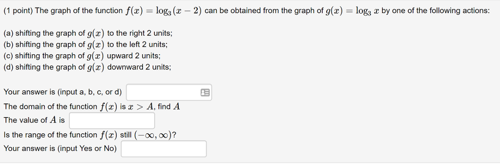 Solved (1 point) The graph of the function f(x)-log3 (z-2) | Chegg.com