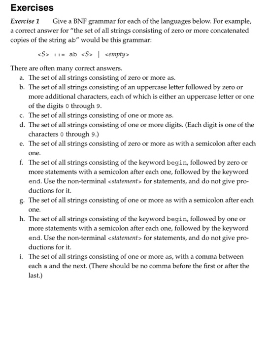 Solved Exercises Exercise 1 Give a BNF grammar for each of | Chegg.com