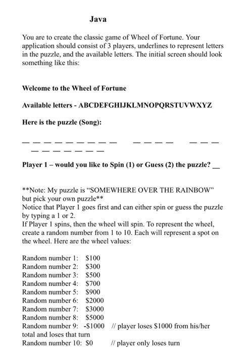 Solved Java You are to create the classic game of Wheel of | Chegg.com