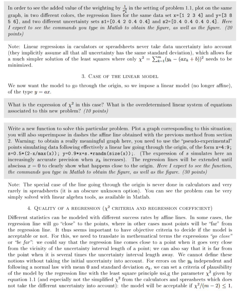 Matlab project: linear regressions using the least | Chegg.com