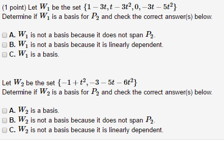 Solved Let W_1 be the set {1 - 3t, t - 3t^2 -, 0, - 3t - | Chegg.com