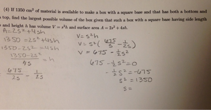 Solved If 1350 cm^2 of material is available to make a box | Chegg.com