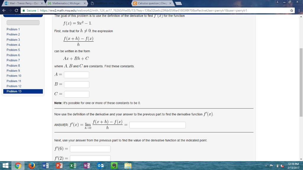 Solved O3 Mail-Trevor Perry-out x Mathematics l Michigan x | Chegg.com