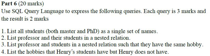 Solved Part 6 (20 marks) Use SOL Query Language to express | Chegg.com