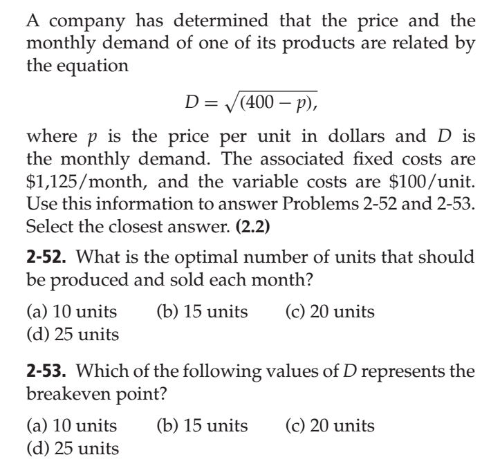 Solved A company has determined that the price and the | Chegg.com