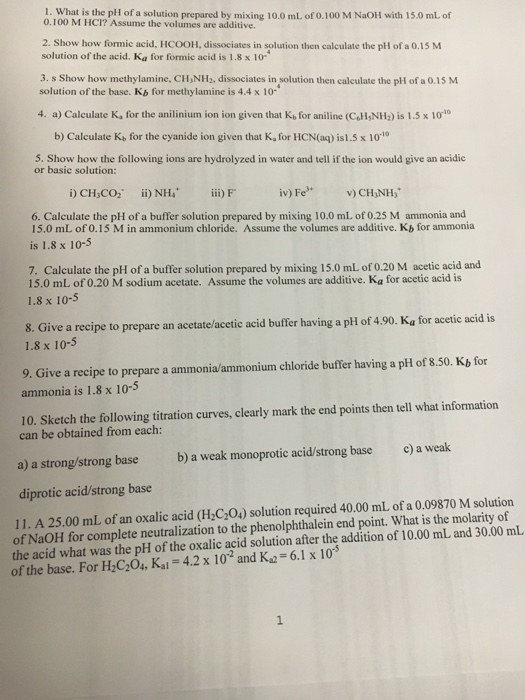 Solved What is the pH of a solution prepared by mixing 10.0 | Chegg.com