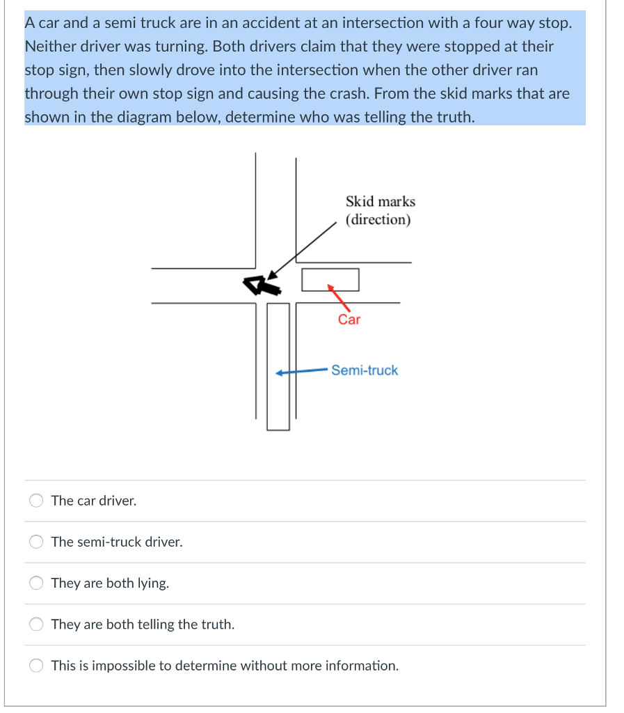Solved A car and a semi truck are in an accident at an | Chegg.com