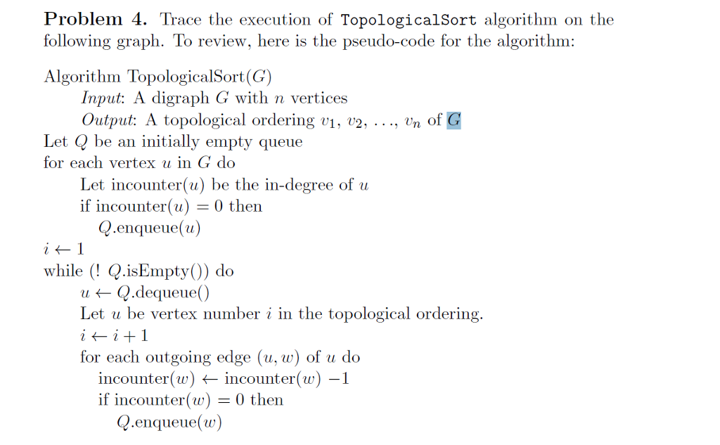Solved Problem 4. Trace the execution of TopologicalSort | Chegg.com