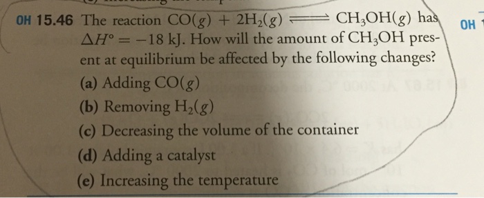 Solved The reaction CO(g) + 2H2(g) CH3OH(g) has AH degree | Chegg.com