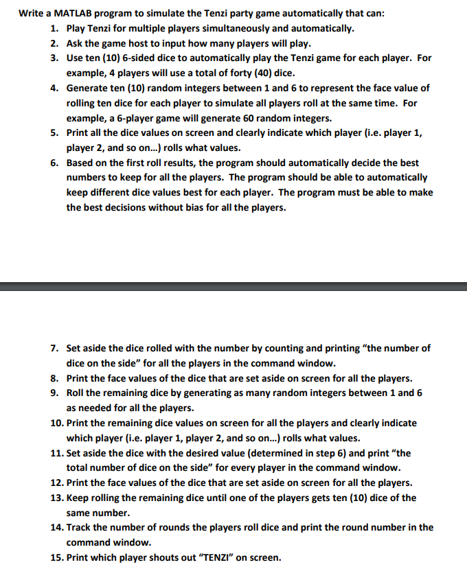 Solved Write a MATLAB program to simulate the Tenzi party | Chegg.com