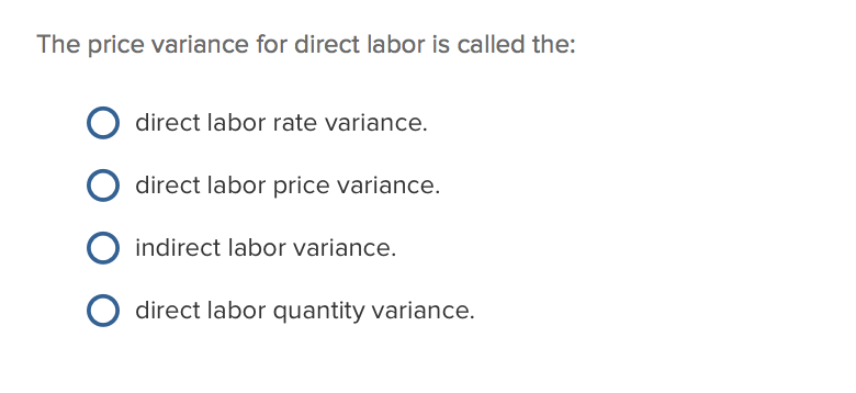 Solved The price variance for direct labor is called the: | Chegg.com
