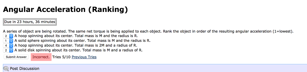 Solved Angular Acceleration (Ranking) Due in 23 hours, 36 | Chegg.com
